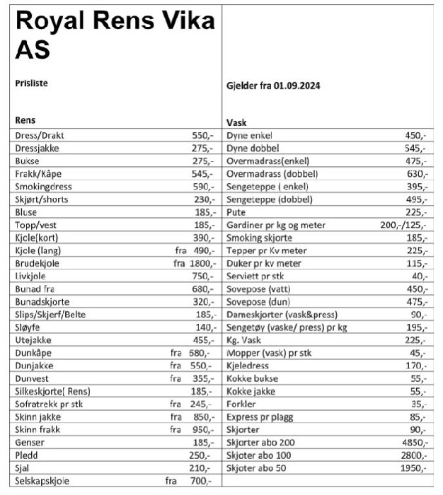 PRISLISTE :: Royal Rens Vika